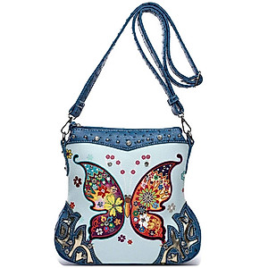 Butterfly Flower Concealed Carry Purse Women Spring Rhinestone Crossbody Handbags Single Shoulder Bag (Blue)