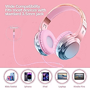 QearFun Headphones for Girls Kids for School,Cool Kids Wired Headphones with Microphone&3.5mm Jack,Teens Noise Cancelling Headphone with Adjustable Headband for Tablet/Smartphones-Gradient Pink