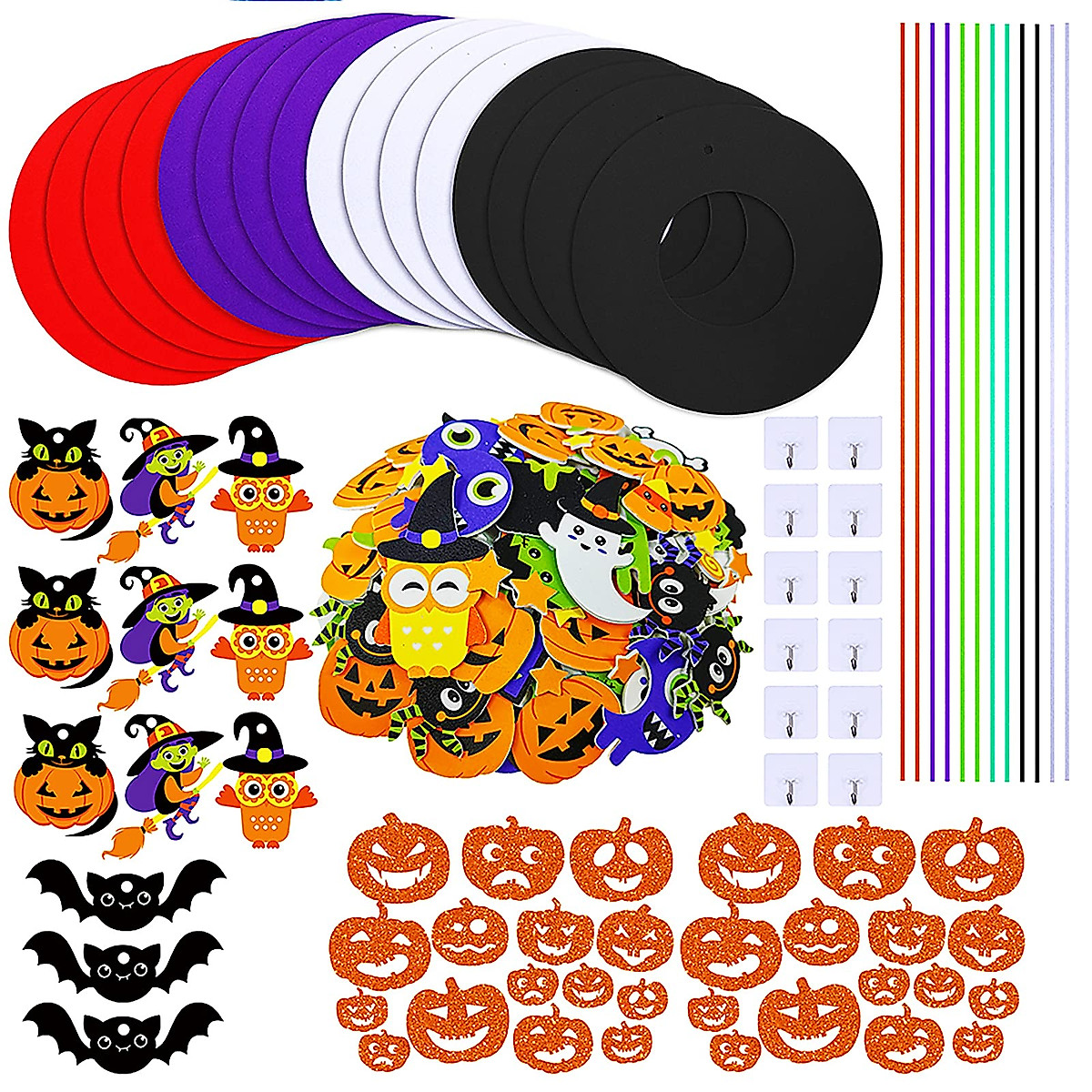 Winlyn 12 Sets Halloween Wreath Decorations Foam Halloween Wreath Signs Craft Kits Pumpkins Jack-O`-Lantern Owl Ghost Witch Bats Monster Stickers for Kids Art Gift Favors Trick-Or-Treaters Front Door
