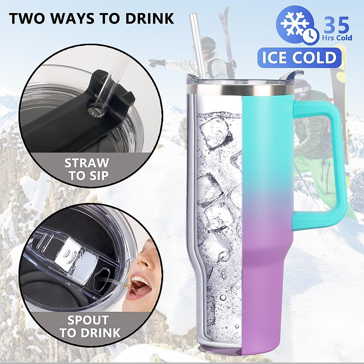 SYACOT 40 oz Tumbler with Handle and Straw Stainless Steel Insulated Tumbler Leak Proof Lid and Straw Lid Reusable Travel Mug Coffee Mug Cup Dishwasher Safe Keep Drinks Cold and Hot (Green Purple)