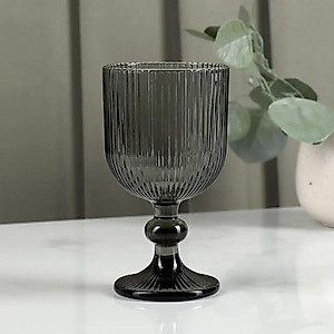 KooK Vintage Ribbed Wine Glasses, Ribbed Glassware, Colored Wine Glasses, Goblet, Art Deco, Set of 4, 13 oz, for Water, Wine, Stemmed Drinking Glasses, Embossed Pattern, Wedding Party Bar, Black,