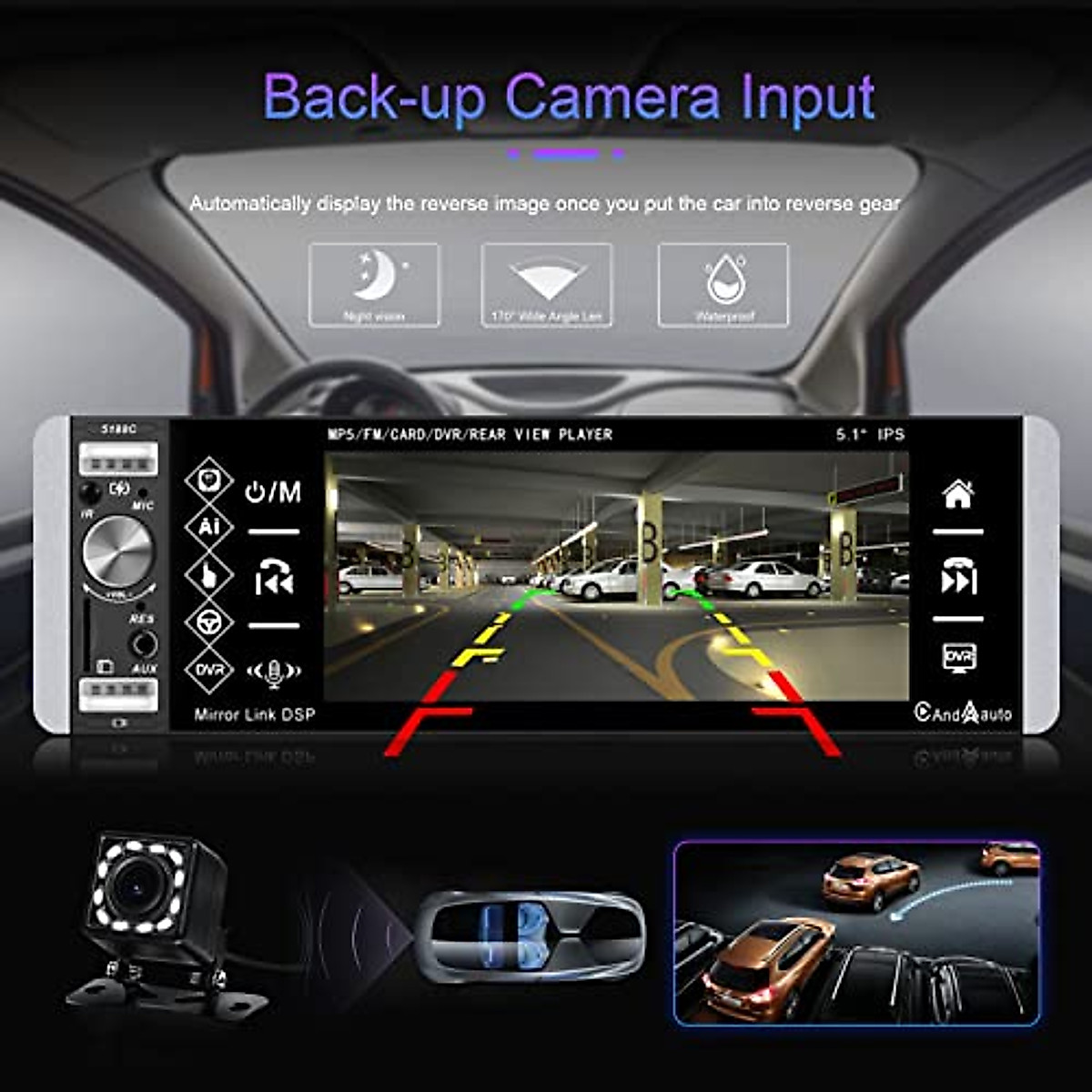 Single Din Car Stereo Compatible with Apple Carplay & Android Auto, METEESER 5.1 Inch Bluetooth Backup Camera, Touch Screen Radio Support FM/Mirror Link/SWC/USB/DVR/AUX-in