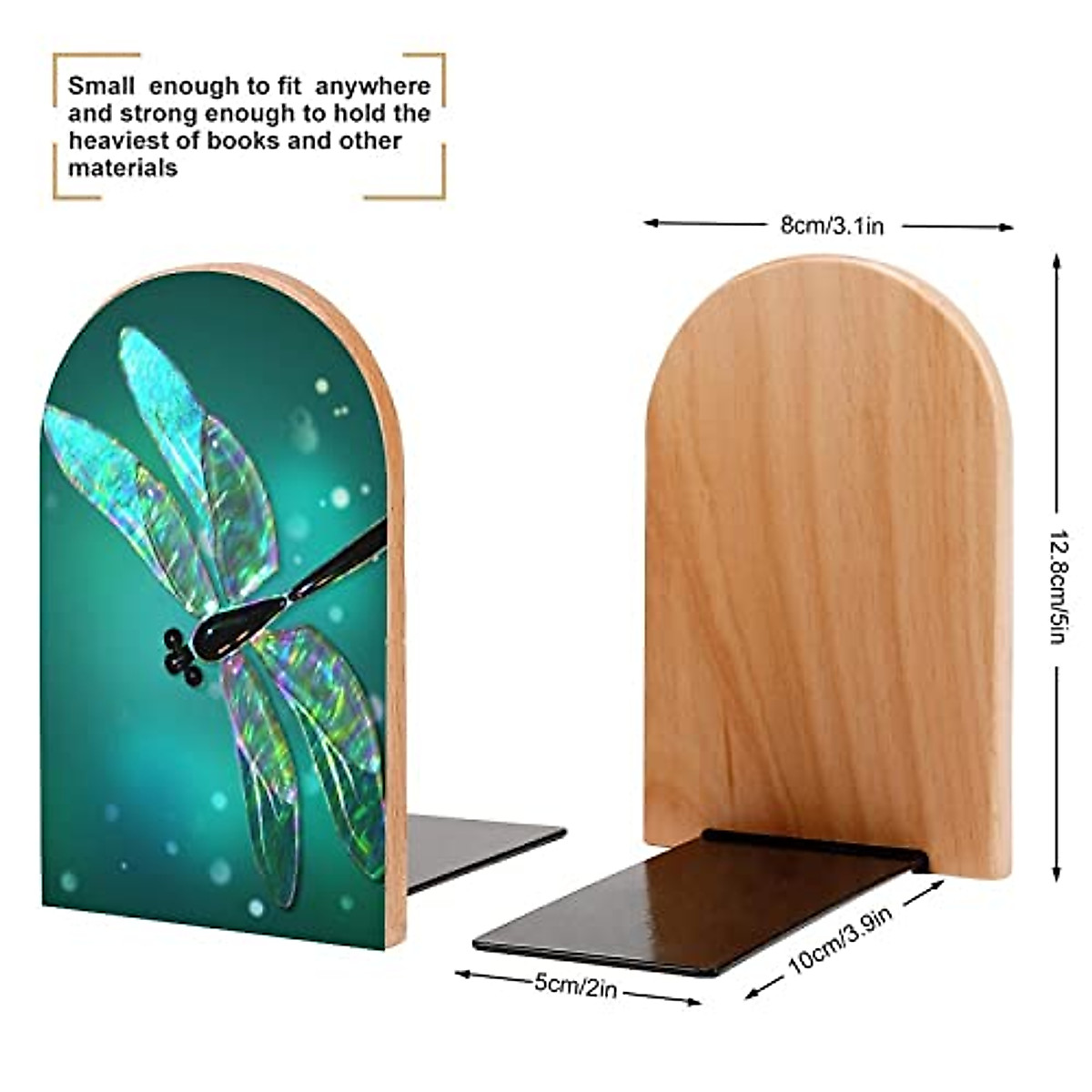 IMXBTQA Exquisite Printed Bookends,Glass Dragonfly Green Heavy Duty Wood + Metal Book Ends Supports Desktop Books Organizer Book Cds Storage for Office School Library Home, One Size
