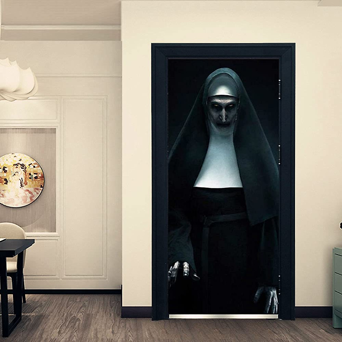Halloween 3D Nun Door Mural Sticker - 30 x 80 Inches Self Adhesive Door Decal Sticker Horror Ghost Nun Door Wallpaper Peel and Stick Removable Vinyl Decals for Terror Scary Home Party Bar Props