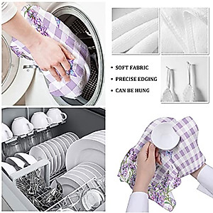 Dish Cloths Kitchen Towels, Lavender Flower Butterfly Purple Plaid Buffalo Check Summer Floral Dishcloths Soft Reusable Cleaning Cloths Absorbent Dish Towels for Household Cleaning, 3 Pack, 18"x28"