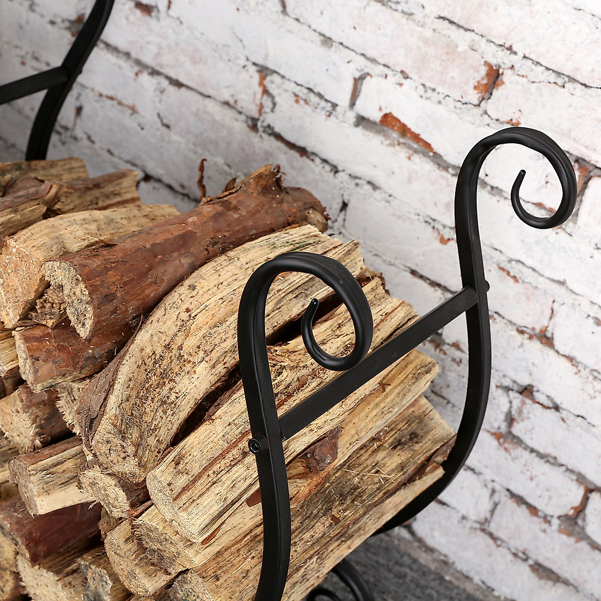 MyGift Black Metal Firewood Rack, Freestanding Fireplace Log Storage Holder with Scrollwork Design