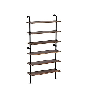 Anynice 6 Tier Industrial Ladder Pipe Shelf Bookcase, Rustic Wall Mounted Pipe Bookshelves for Decor and Storage