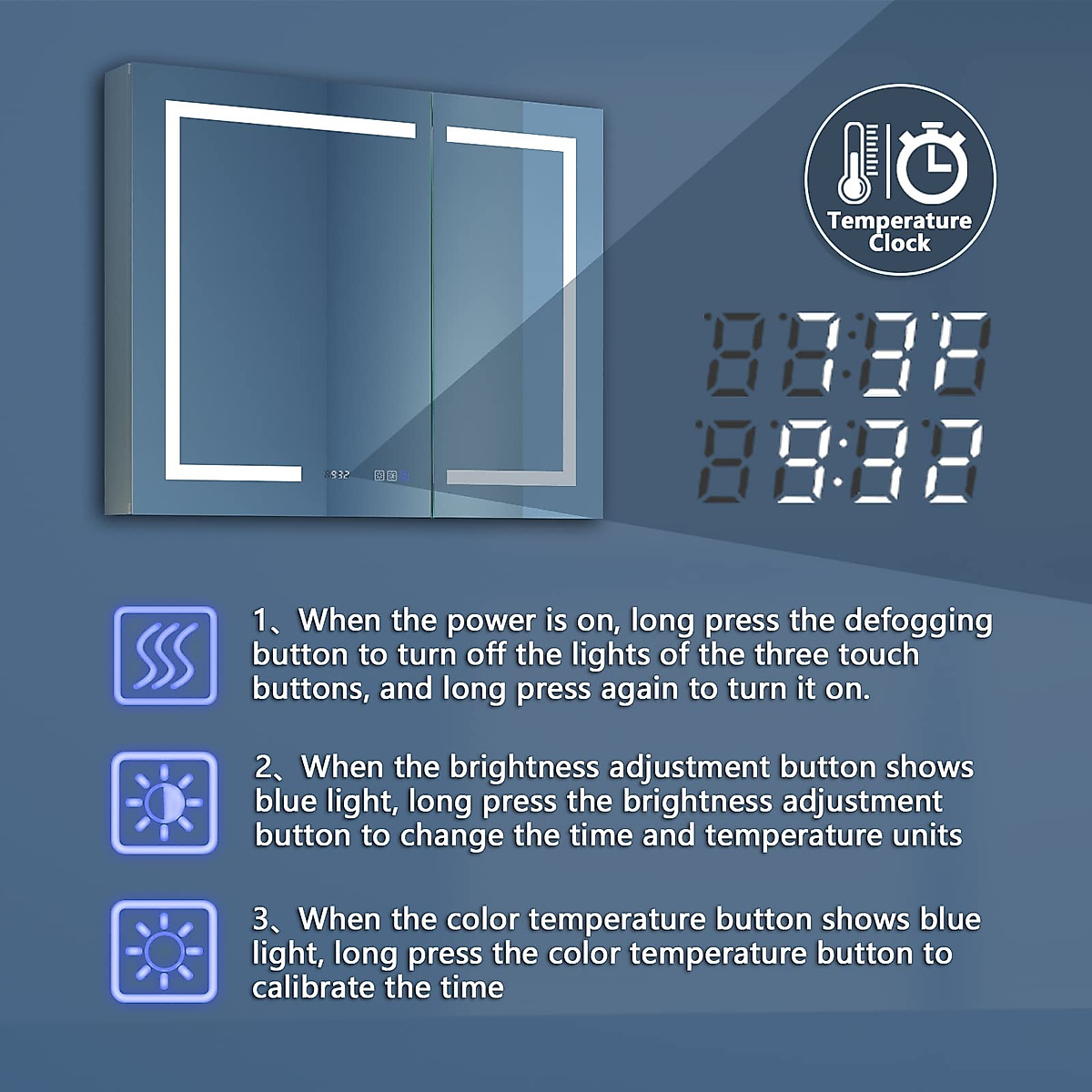 ExBrite LED Lighted Bathroom Medicine Cabinet with Mirror, 36 x 30 Inch, Recessed or Surface led Medicine Cabinet, Clock, Room Temp Display,Defog,Stepless Dimming,3-Color Temper Change, Outlets & USBs