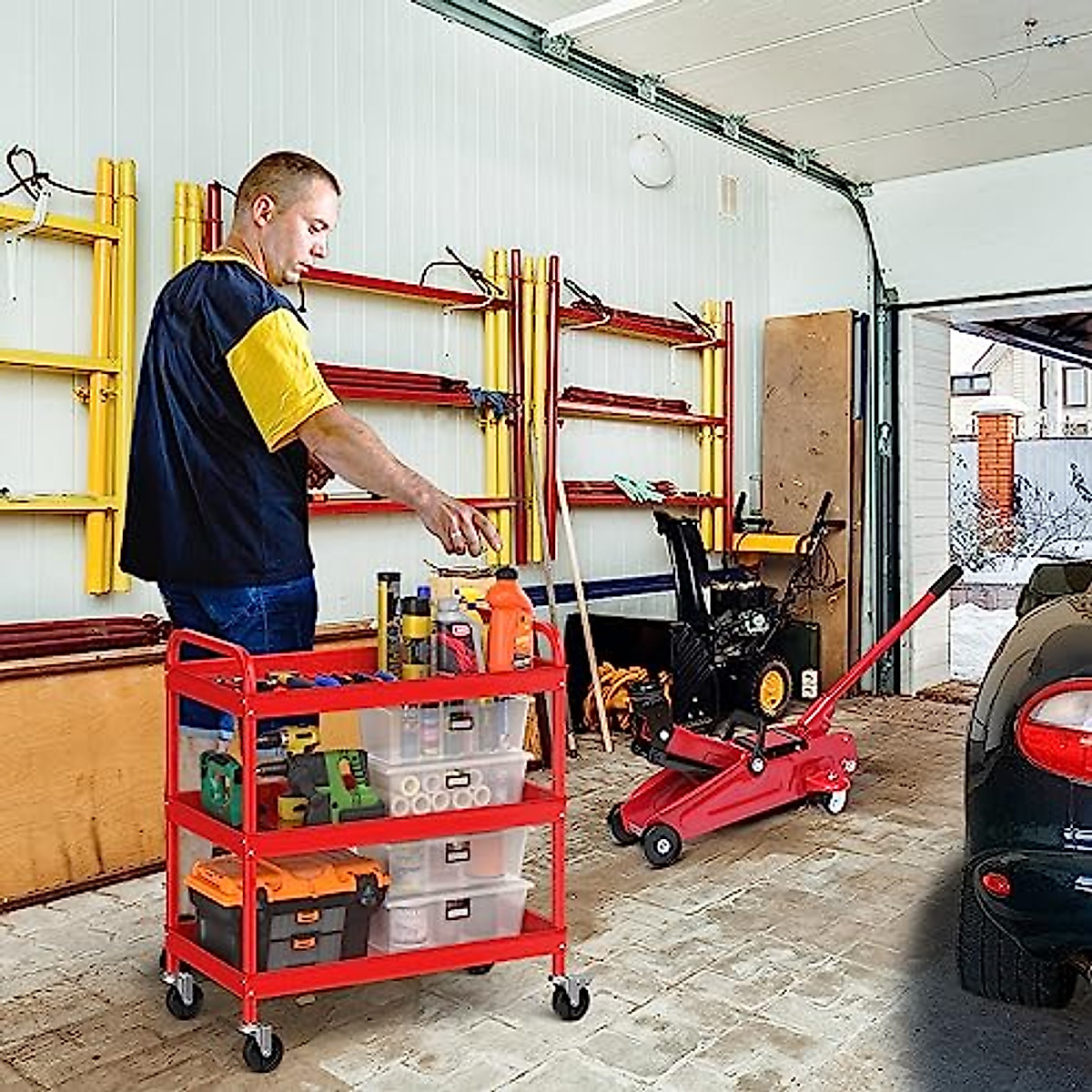 Goplus Service Cart, Heavy Duty 3-Tier Utility Cart with Flat Handle, 2 Lockable Universal Wheel, 400 lbs Capacity, Rolling Tool Cart for Garage, Kitchen, Hotel, Office, Workshop, Restaurant