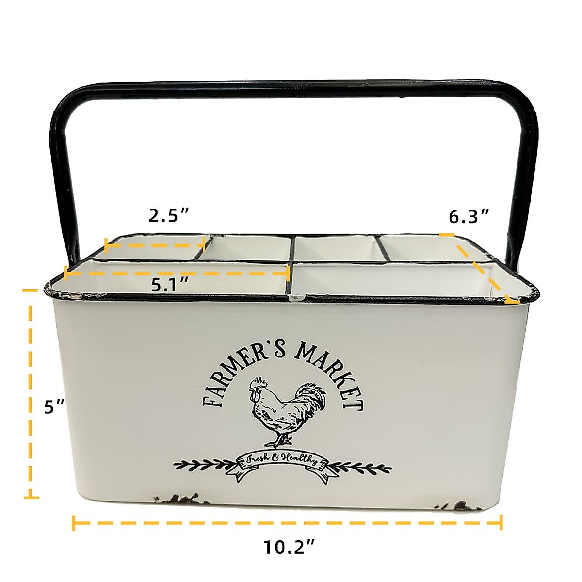 Distressed White, Portable Versatile Metal Storage Caddy Organizer with 6 Compartments & Handle - Perfect for Organizing Kitchen Utensils, Office Supplies, Bathroom Essentials & Bedroom Knick-Knacks