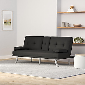 AINN 70 Inch Futon Sofa Bed, Twin Convertible Loveseat Sofa Couch, Removable Armrests Faux Leather Folding Sleeper Sofa with Cup Holder for Living Room Bedroom, Apartment and Small Space(PU, Black)