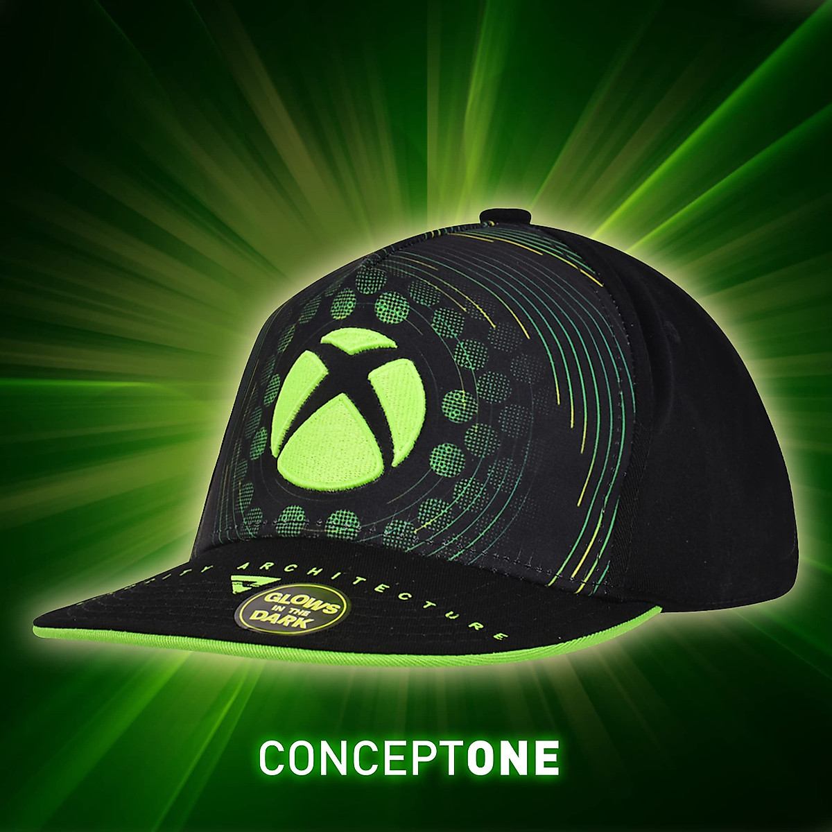 Microsoft Xbox Baseball Hat, Glow in The Dark Skater Adult Snapback Cap with Flat Brim, Green/Black, One Size