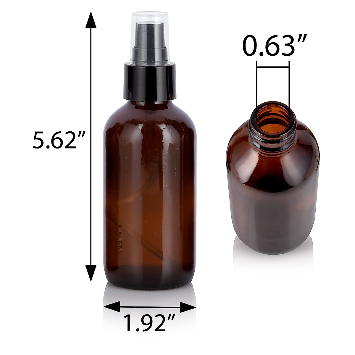 JUVITUS 4 oz Amber Glass Boston Round Bottle with Black Treatment Pump (4 pack) + Funnel