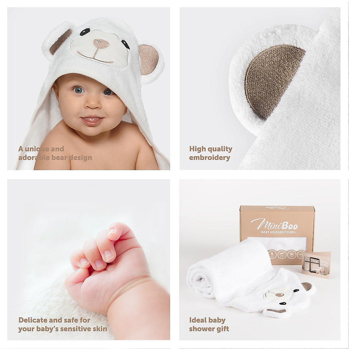 MINIBOO Premium Ultra-Soft Viscose Made from Bamboo Baby Hooded Towel with Unique Design – Hypoallergenic, Organic Baby Towels for Infants and Toddlers – Perfect as Baby Gifts