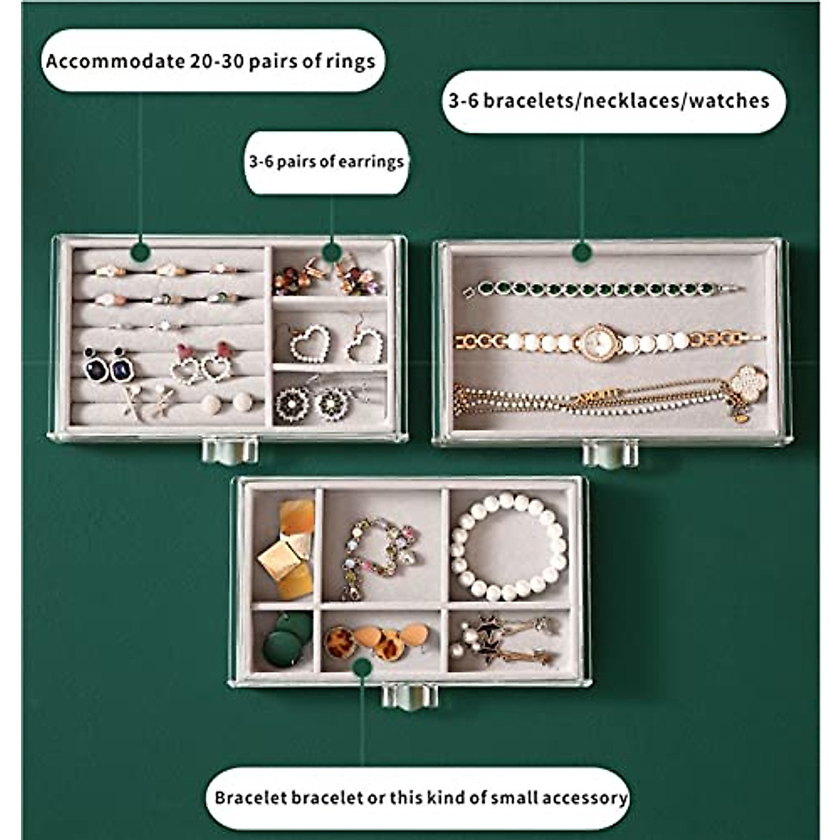 Cq acrylic Earring Jewelry Organizer with 3 Drawers Clear Acrylic Jewelry Box for Women,Stackable Velvet Earring Display Case Earrings Ring Bracelet Necklace Holder Gift for Women, Grey