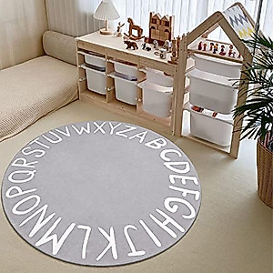LIVEBOX Round ABC Kids Rug for Boy and Girl,Circle Washable Area Rug Non-Slip Crawling Play Mat for Playroom,Alphabet Nursery Area Rug Circular Learning Carpet for Bedroom (47",Grey)