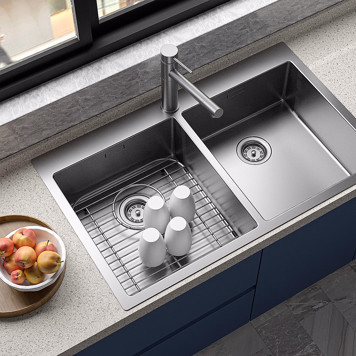 2Pack Stainless Steel Kitchen Sink Grid,13.2" x 11.6" x 1.2" Sink Protectors With Rear Drain Hole,Sink Rack for Bottom of Sink, Anti-rust Metal Sink Bottom Grid With 2Pack Sink Strainers