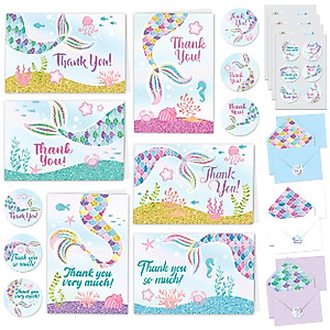 Decorably 30 Pack Glittery 4.9x3.5in Mermaid Thank You Cards with Envelopes and Stickers, 6 Sparkly Designs, Blank Inside, Baby Shower, Weddings, Birthdays