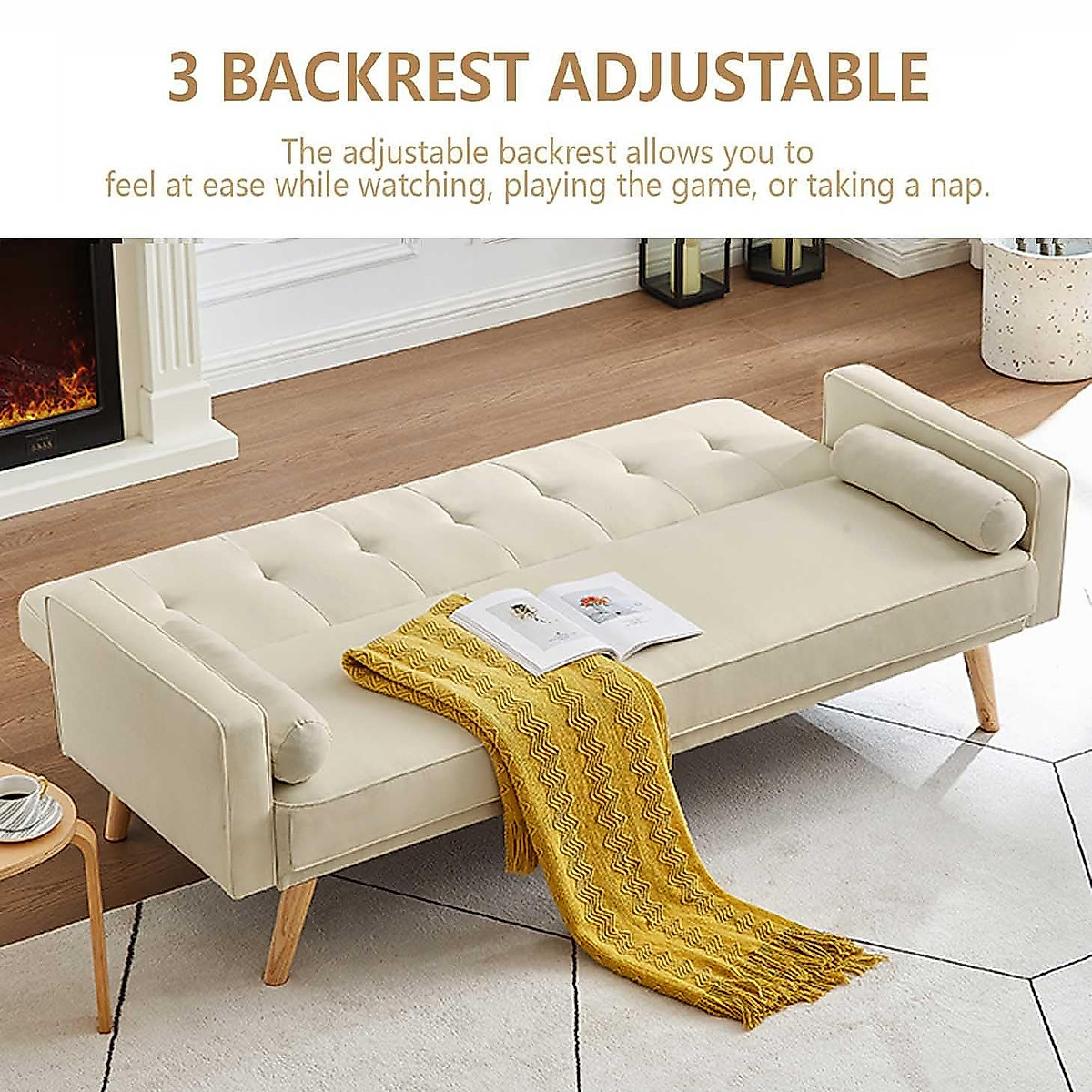 Mdhitsox 72” Modern Futon Sofa Bed, Convertible Linen Sleeper Couch with Wood Legs and 2 Pillows, Folding Upholstered Love Seat, Memory Foam Accent Sectional Sofa for Home Office,Studio,Beige