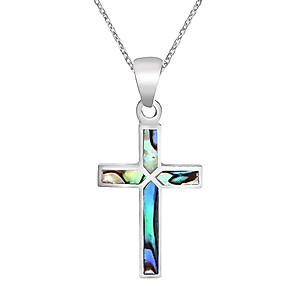 AeraVida Iridescent Cross of Faith Abalone Shell .925 Sterling Silver Necklace, 18 inch