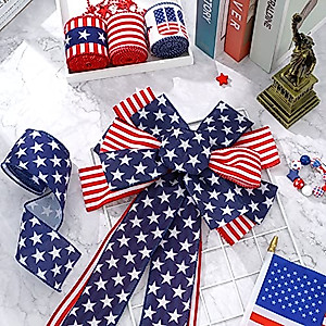 AnyDesign Patriotic Wired Edge Ribbon 24 Yards USA Flag Stars Stripes Craft Fabric Ribbon 4th of July Decorative Wrapping Ribbon for Independence Day Memorial Day Wreath Bow Making DIY Crafts, 4 Roll