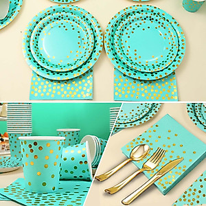 Gudvilla 168PCS Teal Party Plates and Cups and Napkins sets,Teal Paper Plates Bulk with Gold Cutlery Serve 24 Guests,Teal Party Supplies Bridal Shower Birthday for Teal and Gold Wedding Decorations