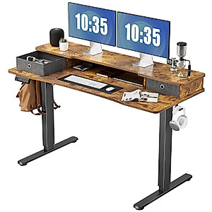 JHK Standing Desk with Double Drawers, 55 x 24 Inch Electric Sit Stand Up Desk with Storage Shelf, Adjustable Height Home Office Computer Table Workstation with Splice Board, Rustic Brown