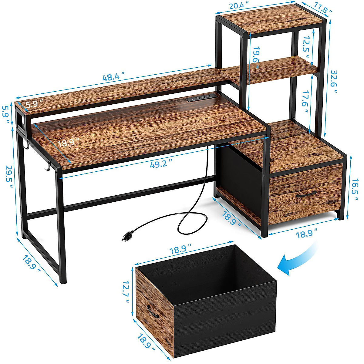 GreenForest Office Desk with Power Outlets and Printer Shelf, 68.8 inch Computer Desk with LED and Drawer, Reversible Gaming Desk with Storage for Home Study Working,Walnut