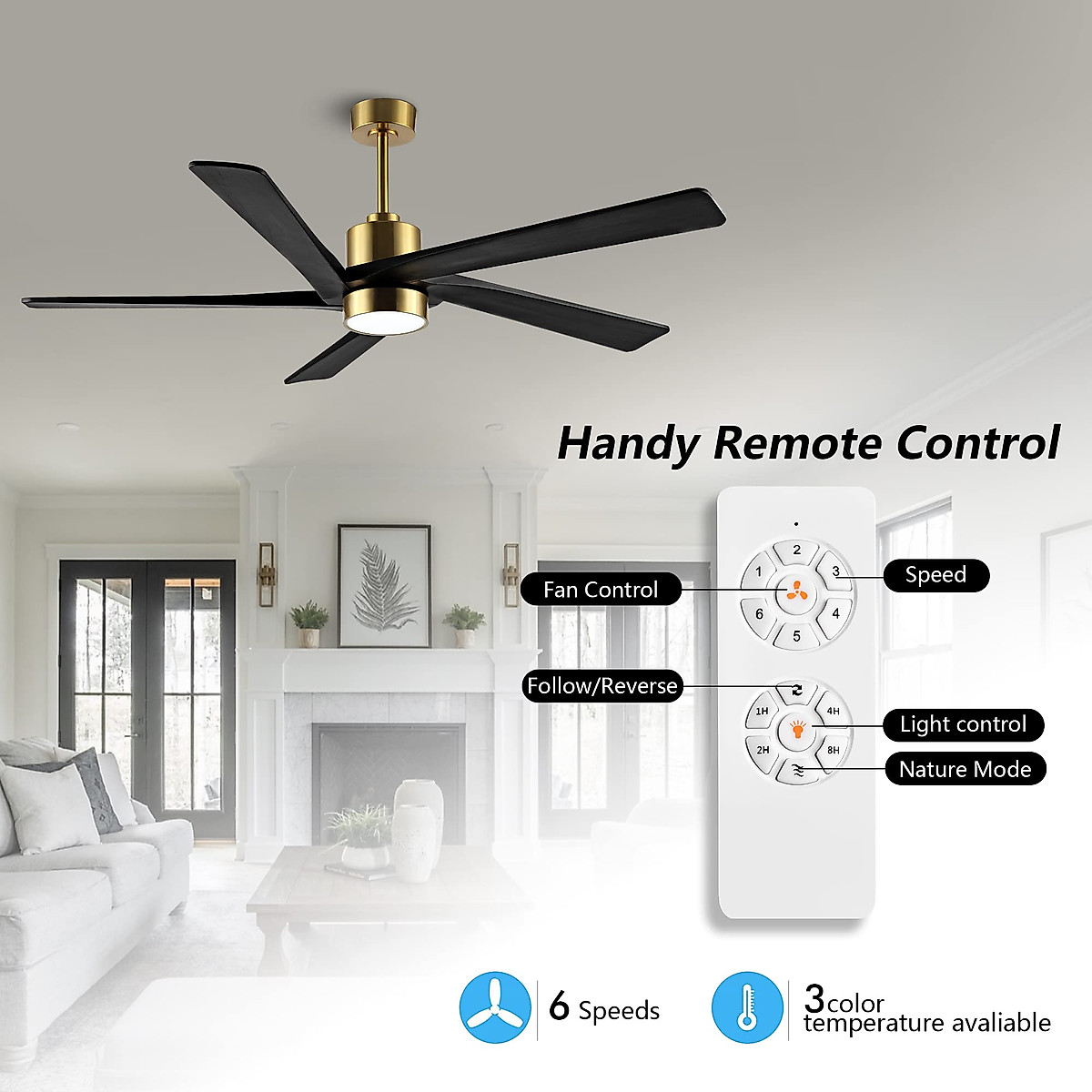 WINGBO 64 Inch DC Ceiling Fan with Lights and Remote Control, 5 Reversible Carved Wood Blades, 6-Speed Noiseless DC Motor, Modern Ceiling Fan in Brass Finish with Balck Blades, ETL Listed