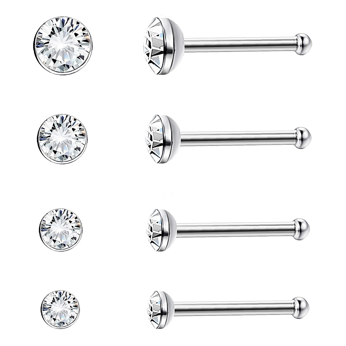 Sllaiss 8 Pcs 925 Sterling Silver Tiny Nose Ring Studs Set for Women Round Czech Crystal Nose Piercing Body Jewelry Hypoallergenic 1.5MM 2MM 2.5MM 3.5MM