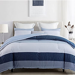 SLEEPBELLA Comforter Queen Size, 600 Thread Count Cotton Baby Blue and Navy Striped Patchwork Reversible Pattern Reversible Blue Comforter Set,Down Alternative Bedding Set 3Pcs (Queen, Blue Patchwork)