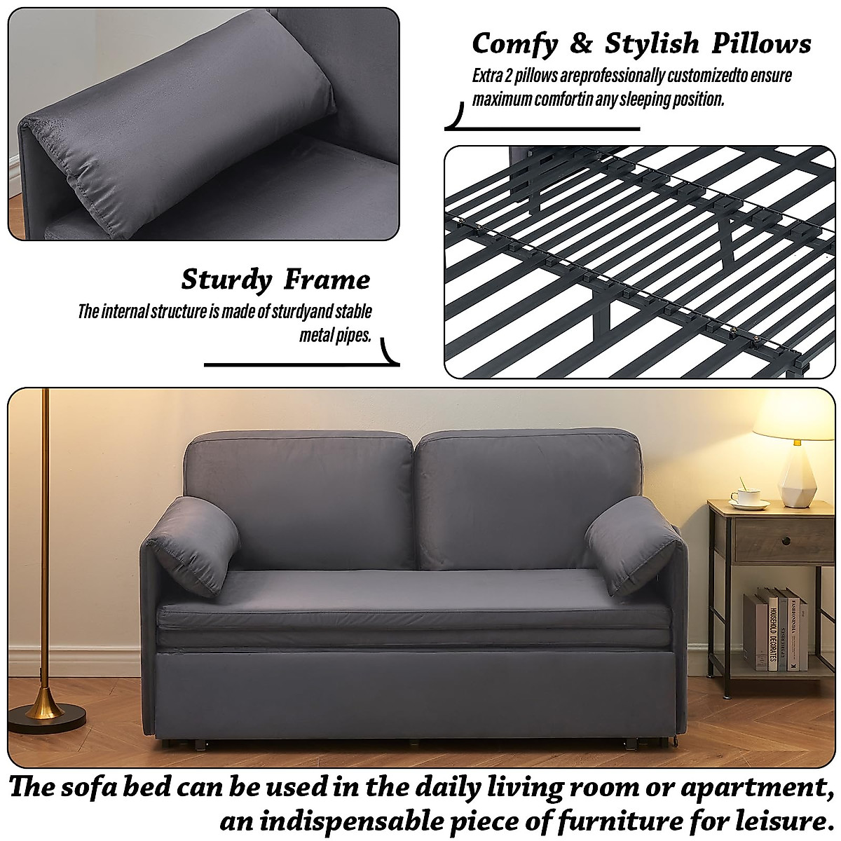 63.8" Queen Sleeper Sofa Bed,3-in-1 Convertible Sofa Bed with Phone Holder,USB Port,Velvet Pull Out Bed with Side Storage,Recliner Loveseat Sofa for Living Room,Small Space (Gray)