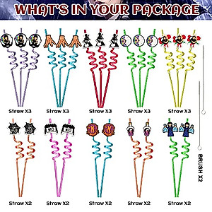 25Pcs Wednesday Birthday Party Decorations Party Favors Reusable Drinking Straws, 10 Designs Cartoon Birthday Party Supplies with 2 Cleaning Brush