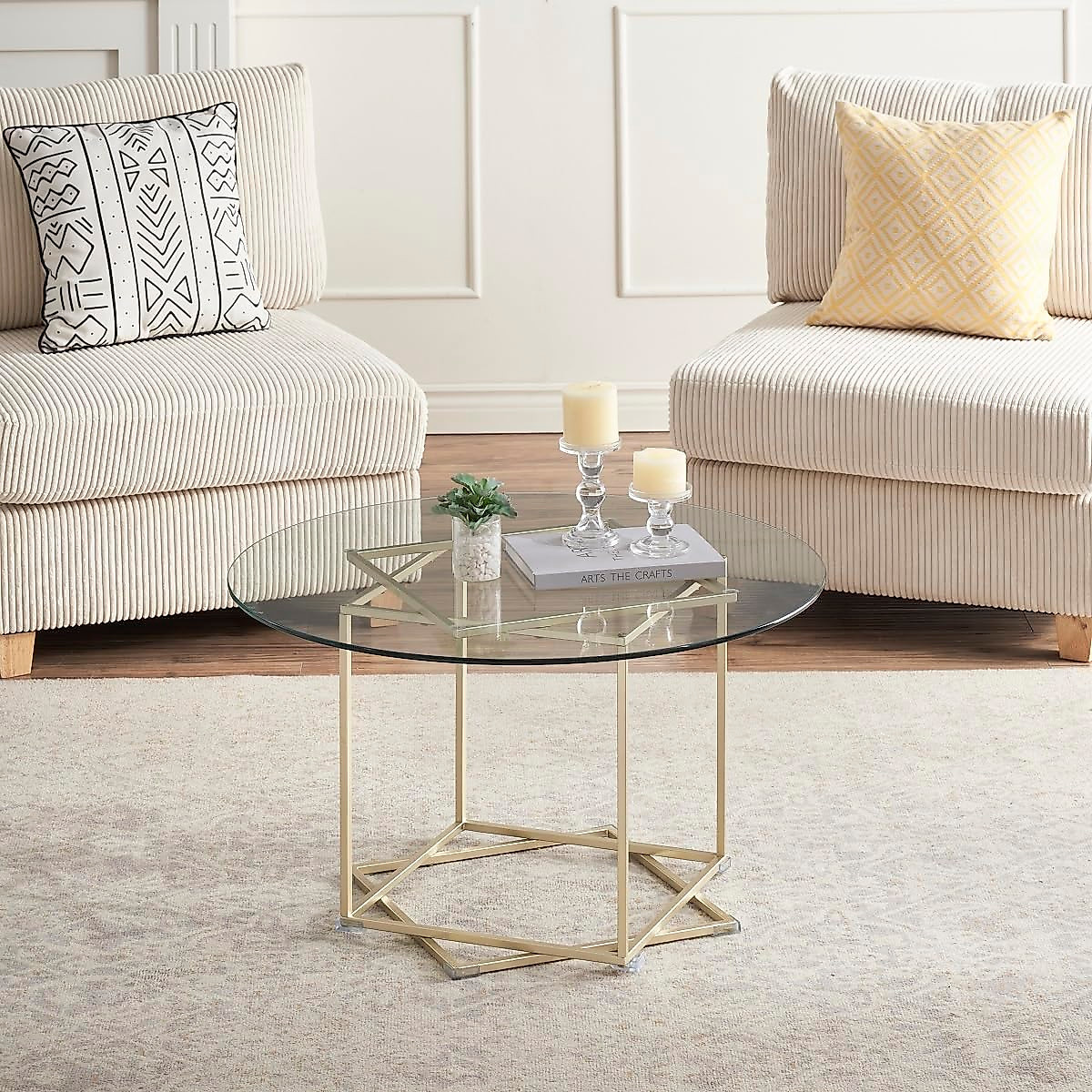 Round Coffee Table Glass Coffee Tables for Living Room Modern Gold Metal Steel Frame & Protective Foot Pads Small Coffee Table for Small Space Home Office Bedroom