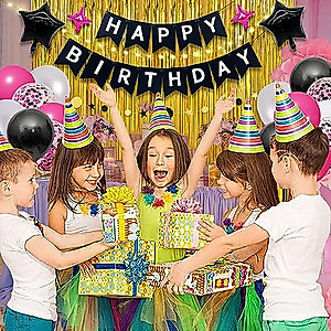 Black and Hot Pink Birthday Decorations, Happy Birthday Decorations,Happy Birthday Banner with LED light Gold Metallic Tinsel Foil Fringe Curtains Stars Confetti Balloon Birthday Decorations for Women Girls Boys Men