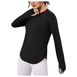MakeMeChic Women's Long Sleeve Workout Tops Lightweight SPF Yoga Tops Tee Shirts Black L