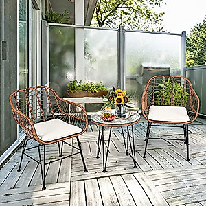 Tangkula 3 Pieces Patio Conversation Bistro Set, Outdoor Wicker Furniture w/Round Tempered Glass Top Table & 2 Rattan Armchairs, Bistro Chat Set w/Seat Cushions for Porch, Backyard, Garden (White)
