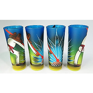 Eye4Art Mexican Tequila Shot Glasses and Bottle Set, Tequila Making Scene, Poncho with Agave Cactus hand painted Bottle, with display stand