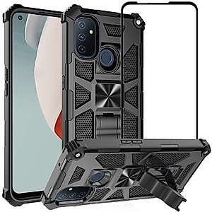 Ailiber Compatible with OnePlus Nord N100 Case with Screen Protector, for Magnetic Car Mount, Kickstand Holder, Rugged Shockproof Bumper Military Grade Armor Protective Cover 1+Nord N100-Black