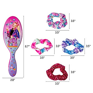 LUV HER Nickelodeon Jojo Siwa Hair Brush & 4 Scrunchies - Girls 9inc Hair Set, Detangling Brush for Thick Curly Thin Wet or Dry Hair - Hair Accessories for Kids Ages 3+