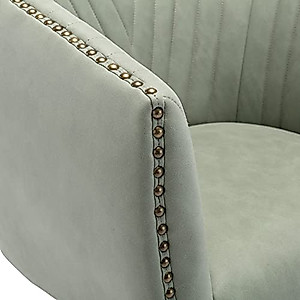 QUINJAY Green Faux Leather Home Office Desk Chair, Upholstered Barrel Swivel Adjustable Arm Desk Chair with Nailheads, Comfy Mid-Back Study Chair with Silent Wheel for Study Office Computer