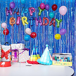 2 Pack Blue Foil Fringe Backdrop Curtains, 3.2x8.2ft Streamer Backdrops Curtains for Birthday Decorations, Baby Shower, Graduation, Halloween, Ocean Party