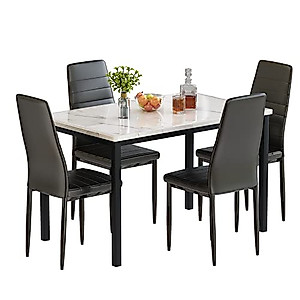 Lamerge Kitchen Tables Set for 4, Dining Faux Marble Top Table and 4 PU Leather Chairs, 5 Pieces Dining Room Table Set for Small Space, Breakfast Nook and Apartment, Black
