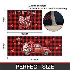 Xsinufn Valentines Day Kitchen Mat Set 2 Piece,Valentines Day Hearts Truck Buffalo Plaid Decorative Kitchen Rugs,Valentines Hearts Low-Profile Kitchen Mats for Home Kitchen (17"x48"+17"x30")