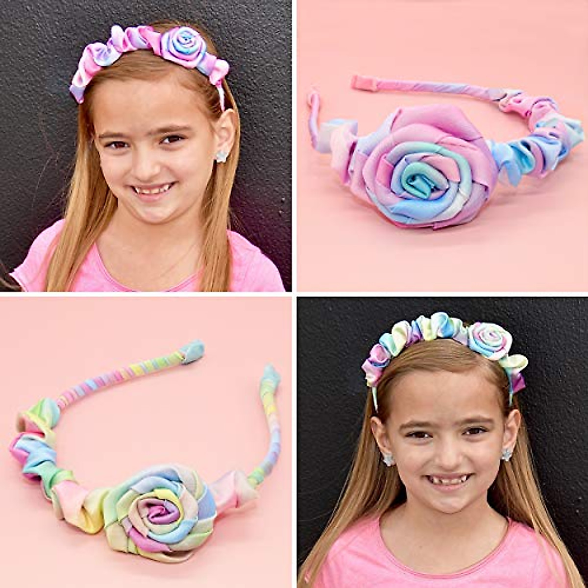 FROG SAC 2 Tie Dye Headbands For Girls, Satin Rosette Head Band For Kids, Ruched Headband Hair Accessories, Dressy Girl Hair Bands For Children