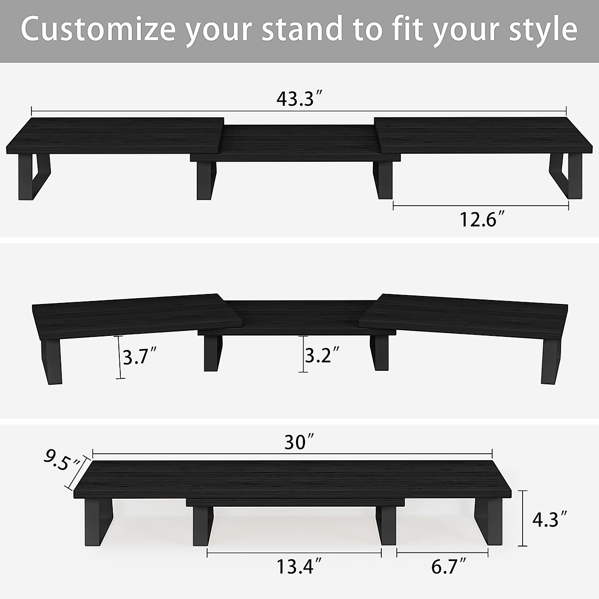 Aothia Desk Dual Monitor Stand Riser - Computer Stand For Desktop Monitor, Desk Shelf For Monitor, Wood Monitor Stand With Adjustable Length And Angle, Desktop Organizer, Large Monitor Stand (Black)