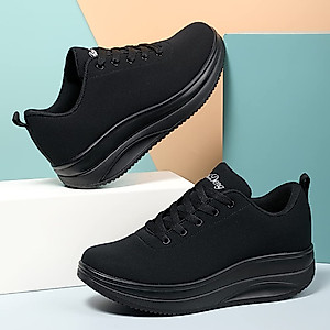 RUIDENG Sneakers for Women Cushion | Women Shoes for Work Whole Day Standing | 2 Inch Rocker Bottom All Black Size 7