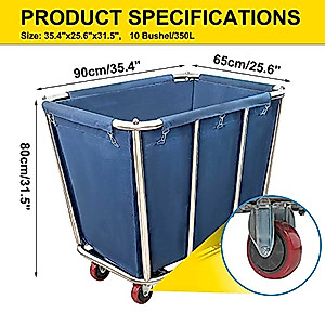 Commercial Laundry Cart,10 Bushel (350L) Large Industrial Rolling Laundry Cart Hamper with 4 Inch Wheels,Heavy Duty Laundry Baskets with Stainless Steel Frame, 260 LBS Weight Capacity