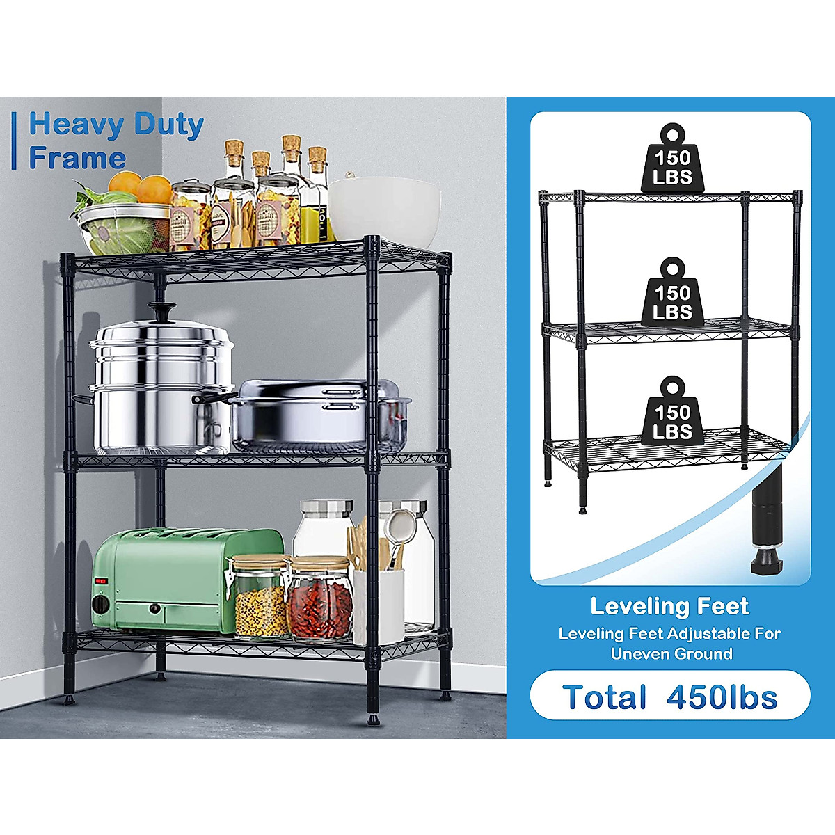MKDLUFEI 3-Tier Wire Shelving Unit Adjustable Height 450Lb Capacity Small Metal Shelving for Storage 24"x14"x30" Metal Shelves for Kitchen, Office, Pantry, Laundry, Closet, Organizer Wire Rack