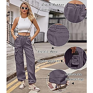 Hiistandd Women's High Waisted Cargo Pants Cotton Wide Leg Casual Pants Combat Military Work Trouser(Dark Gray,S)